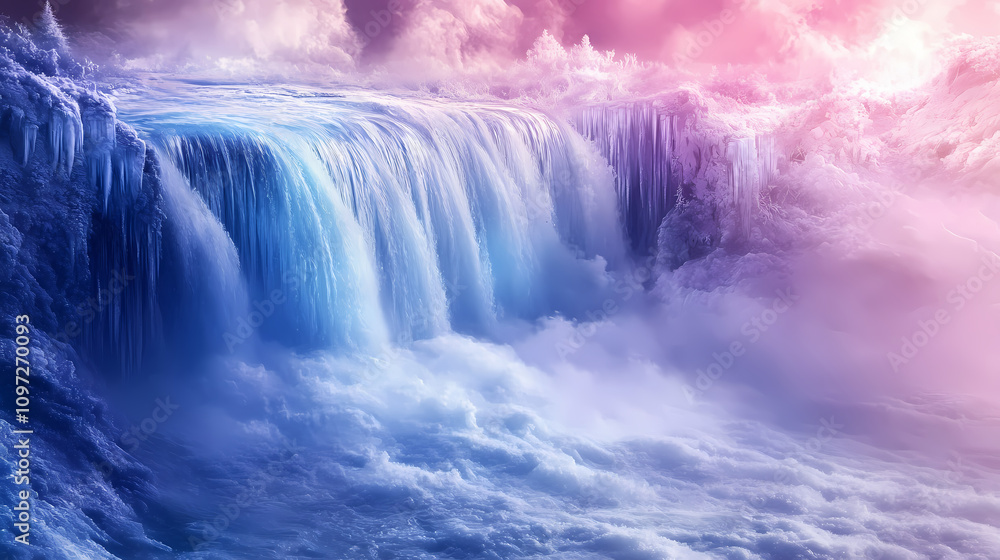 Frozen waterfalls cascading into a pool of garnet, turquoise, and ...