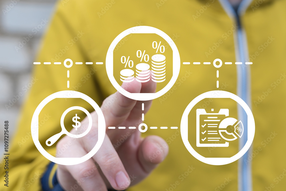 Man using virtual touchscreen clicks icon symbolizing concept: RATIO ...