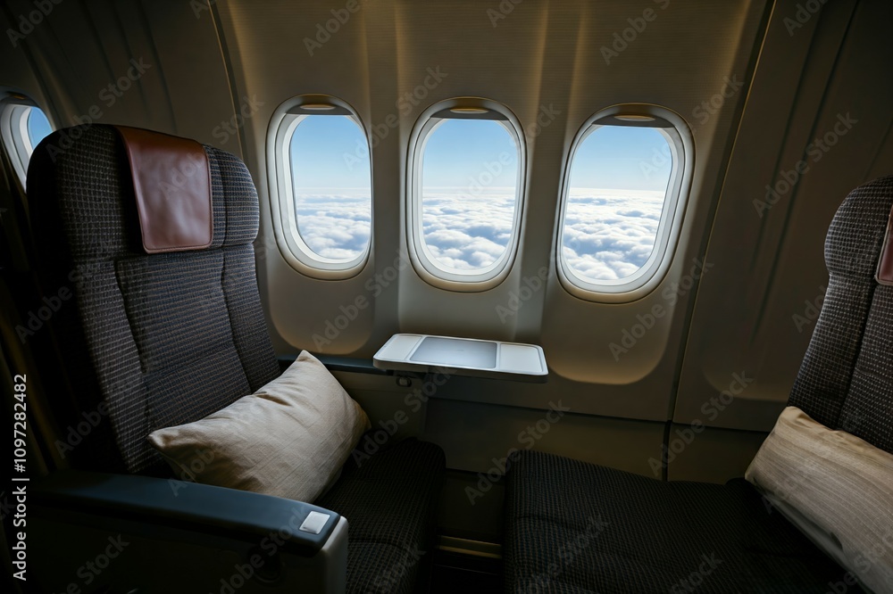 Airplane cabin interior with three windows showing a view of clouds. A ...