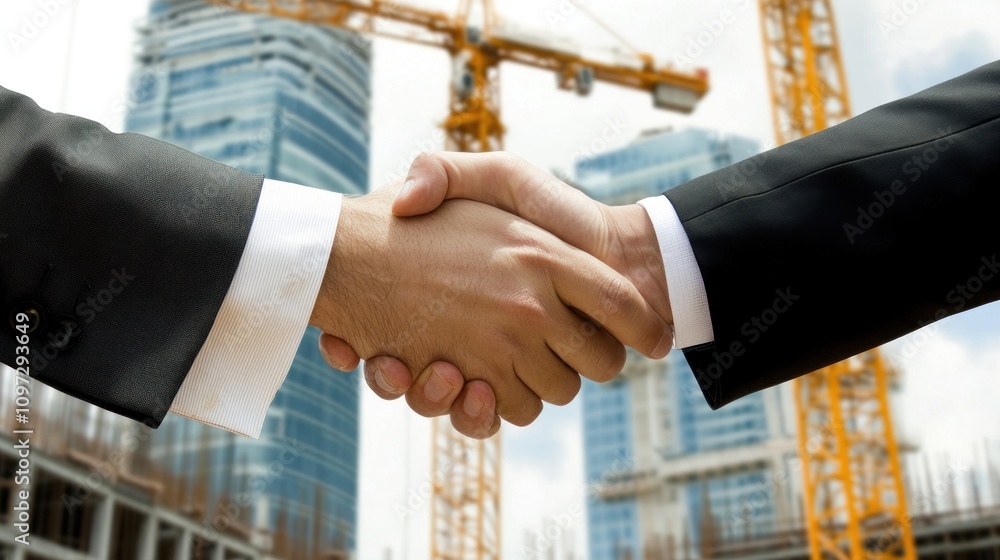 Business handshake at a construction project site, towering cranes and ...