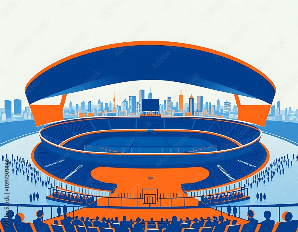 A constructivist art piece of a hockey stadium viewed from the stands ...