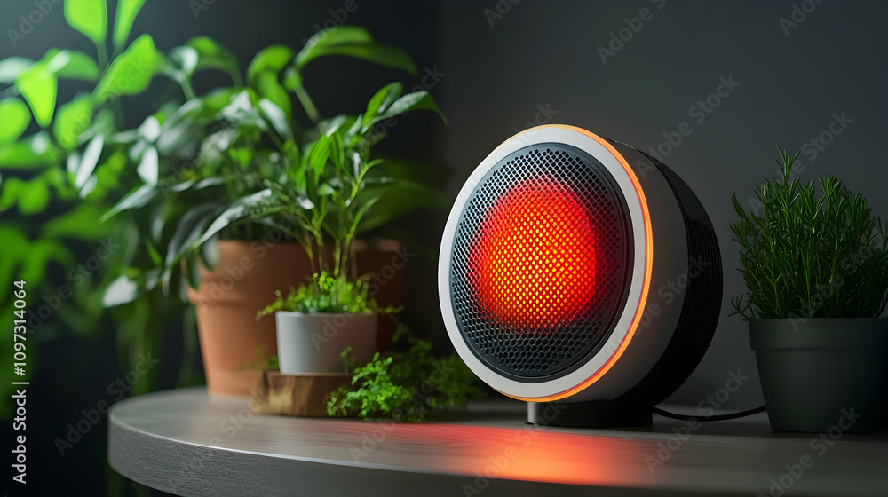 Round infrared heater with warm light, surrounded by potted plants on a ...
