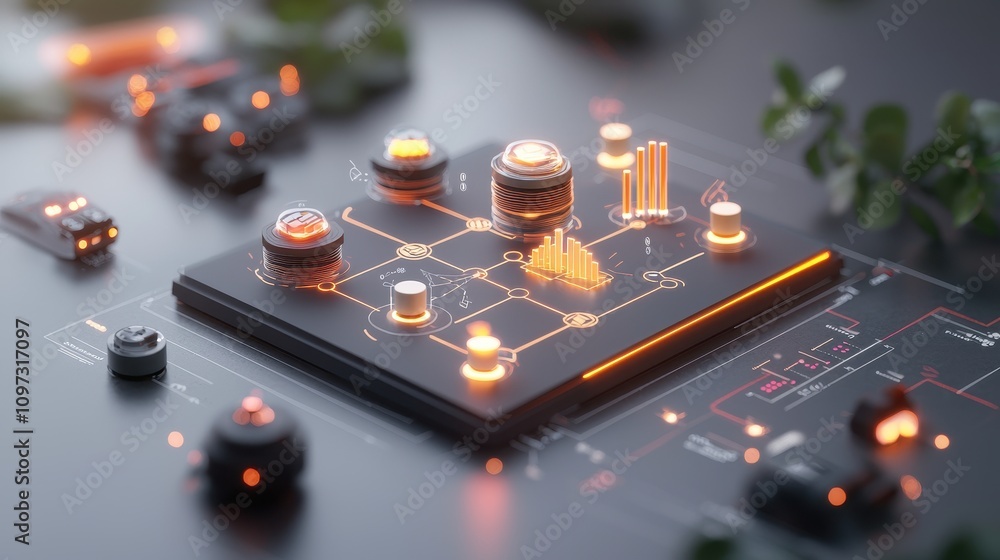 Futuristic Digital Control Panel with Glowing Interfaces and Graphical Data Representation for ...