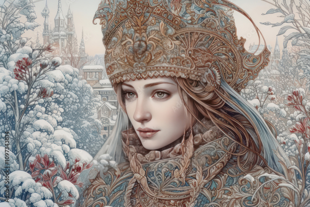 Russian beauty in a traditional outfit made with elegant ornamentation ...