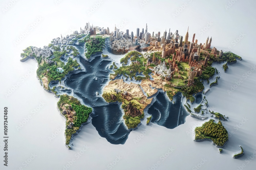 Foto de A Unique 3D World Map Illustration Featuring Urban Landscapes ...