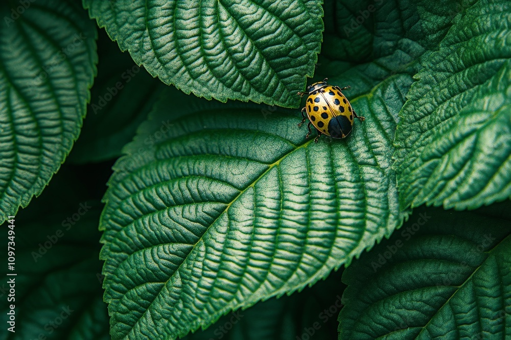 Ladybug resting on textured green leaves with soft natural light ...