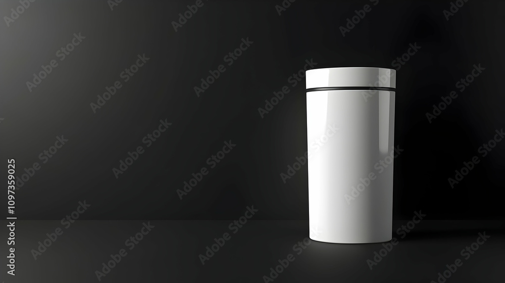 White cylindrical container on black background, mockup for product ...