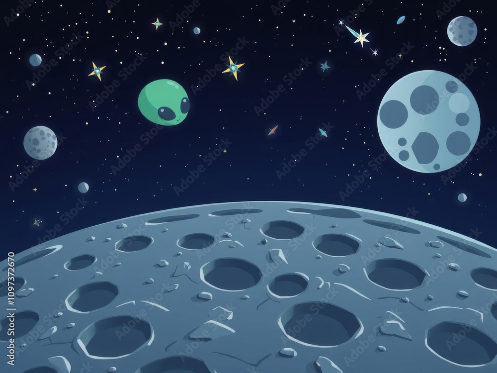 Fantasy illustration of alien planets and meteors on moon surface with ...