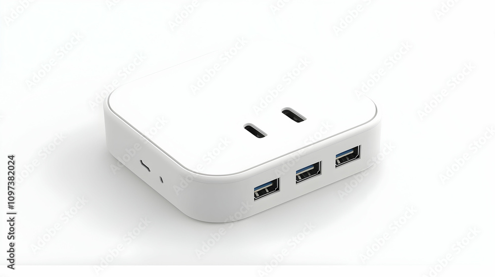 White USB hub with three USB-A ports and one USB-C port on a white ...