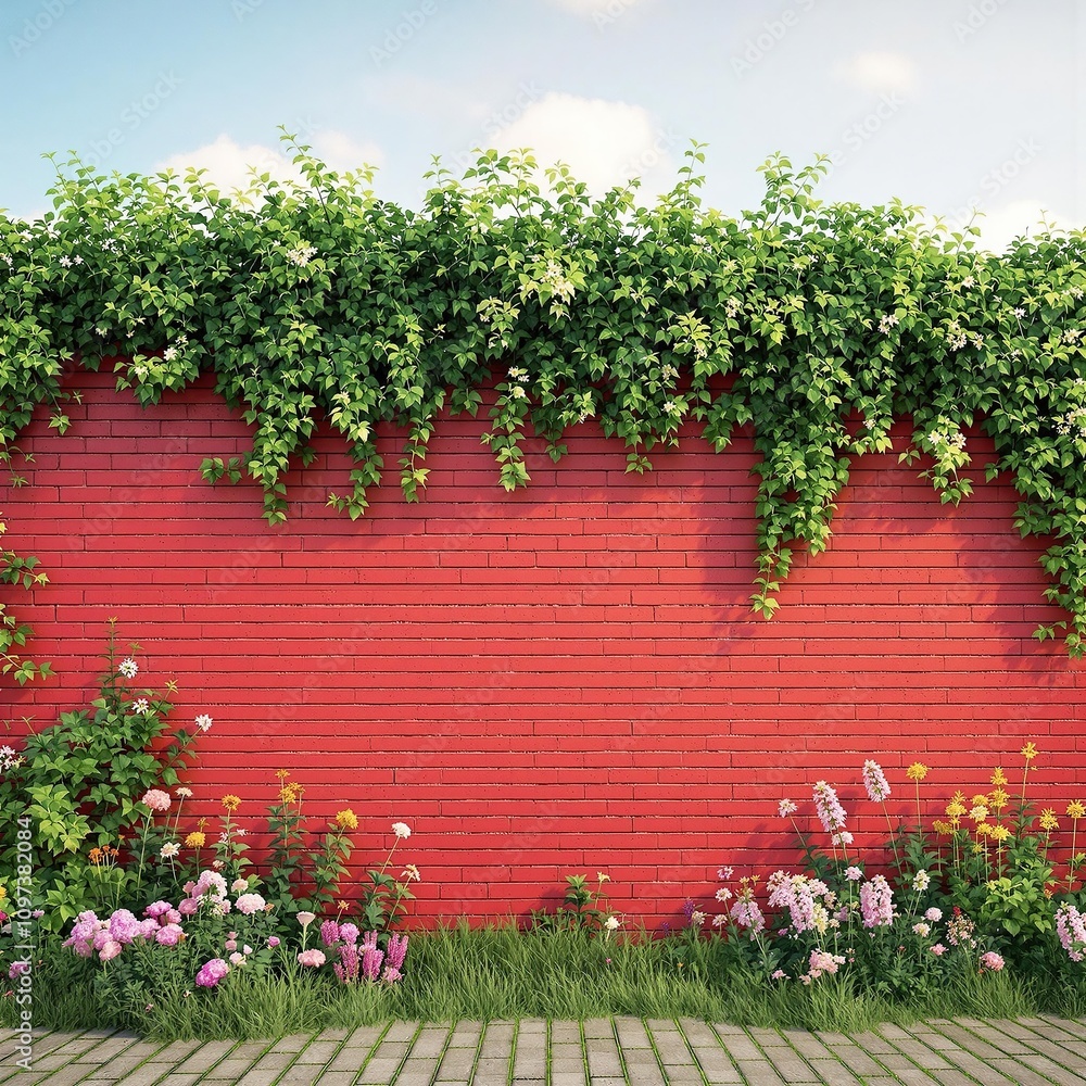 red brick wall with a mix of greenery and wildflowers, wall, landscape ...