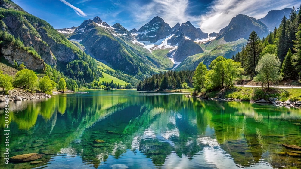 Serene mountain lake surrounded by lush forests and snowy peaks in the ...