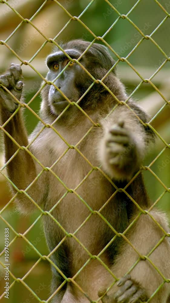 Sulawesi black crested macaque vertical video in caged macaque habitat ...