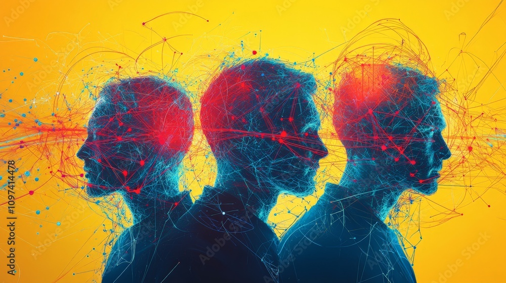 Vibrant conceptual art of human profiles facing opposite directions ...