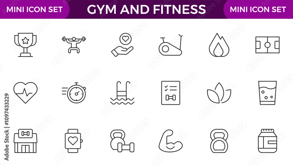 Gym and fitness icon set. Containing healthy lifestyle, weight training ...