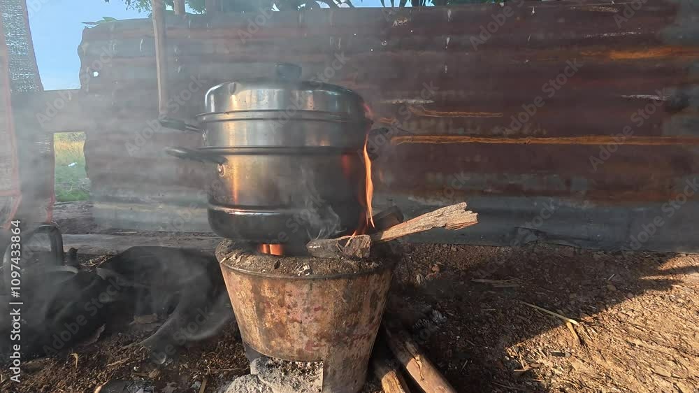 traditional outdoor cooking setup. There is a metal stove with a fire ...
