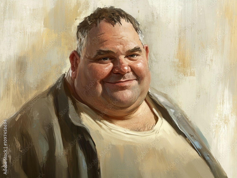 Portrait of an obese man, with a warm, friendly expression. The man is ...
