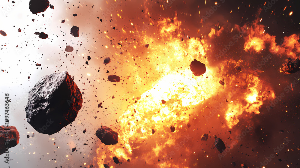 Earth explosion with meteorites and debris and rocks isolated on white ...
