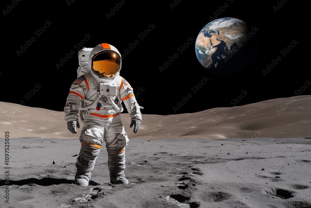 An astronaut walking on the surface of the Moon, with footprints ...