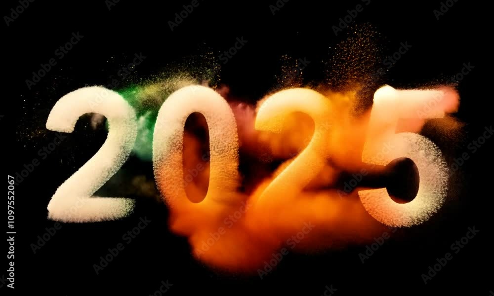 Number animation of color powder explosion with ' 2025 ' new year ...