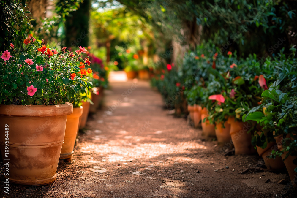 garden path lined with beautiful flower pots, showcasing earthy tones ...