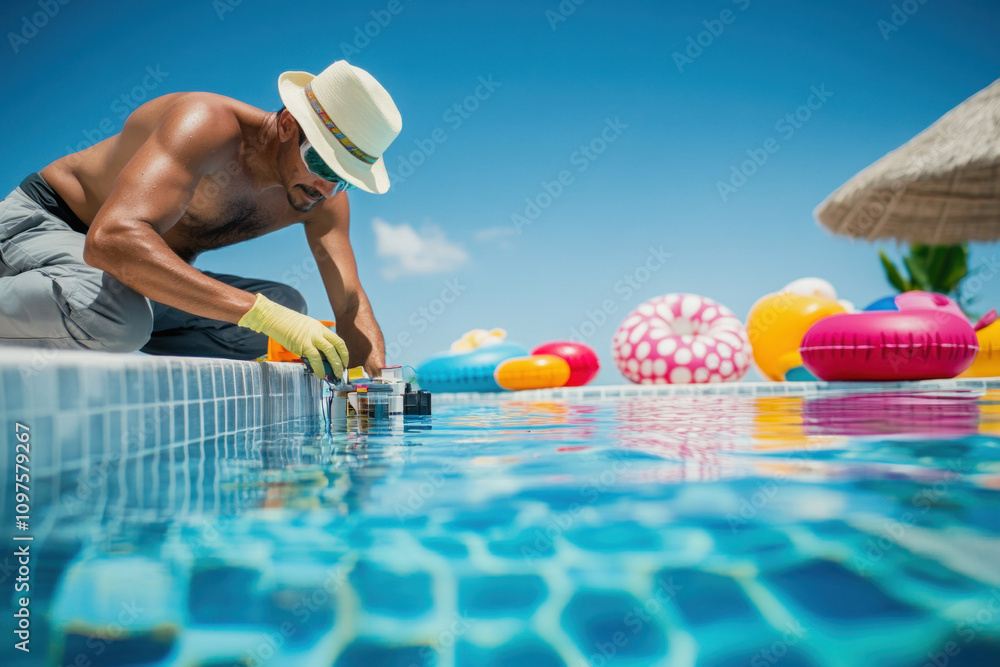 Pool maintenance worker checking water quality of swimming pool on ...