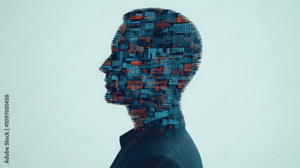 Abstract silhouette of a male figure merged with digital data ...