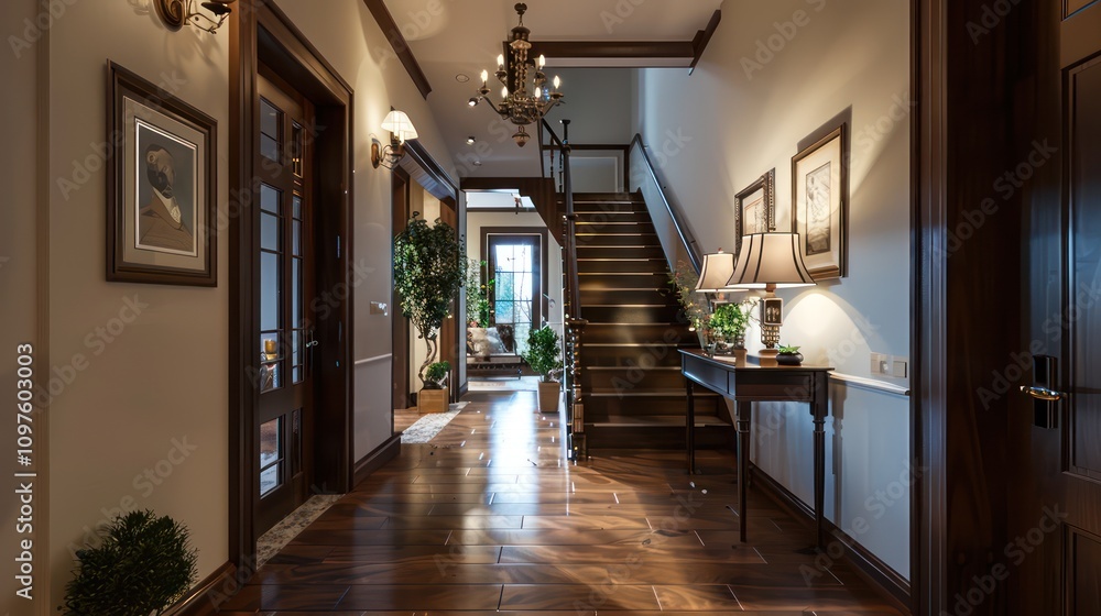 dynamic angle capturing the depth of the hallway, from the entrance ...