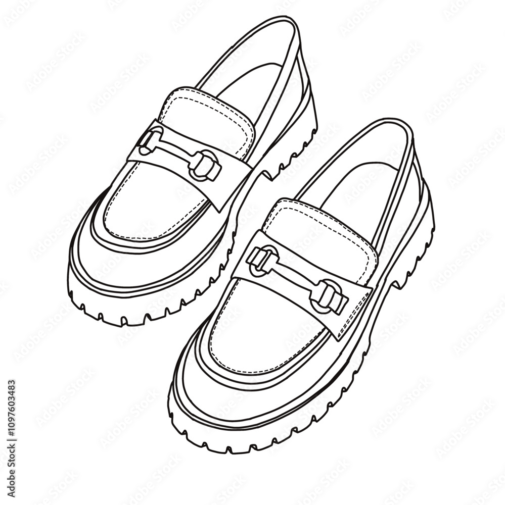 Women's Loafers, Slip-On Platform Chunky Heel Shoes Line art, Technical ...