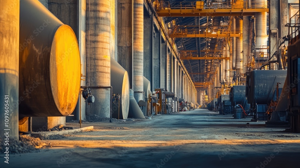 A detailed view of industrial kilns in a factory setting, with rows of ...