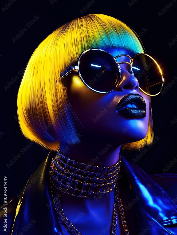 Stylish portrait of a dark skinned woman with bright yellow bob haircut ...