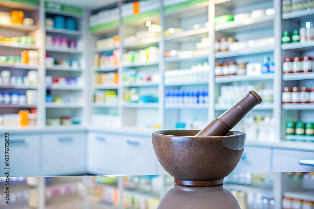 Mortar and pestle on pharmacy counter top with blur medicine shelves in ...