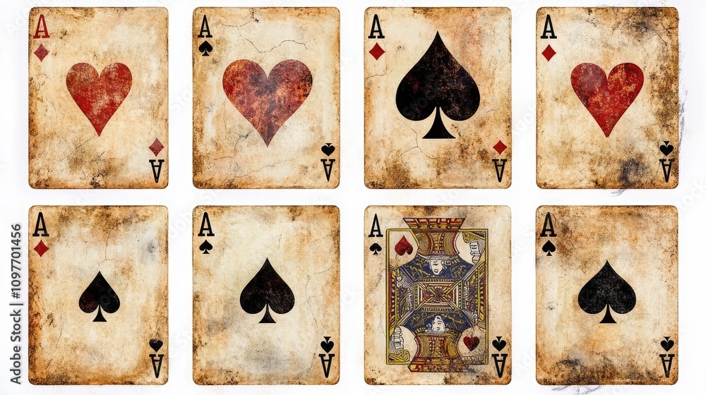 A vintage collection of playing cards featuring aces and a queen ...
