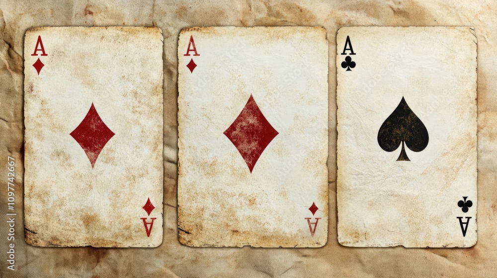 Three playing cards: two red aces of diamonds and one black ace of ...