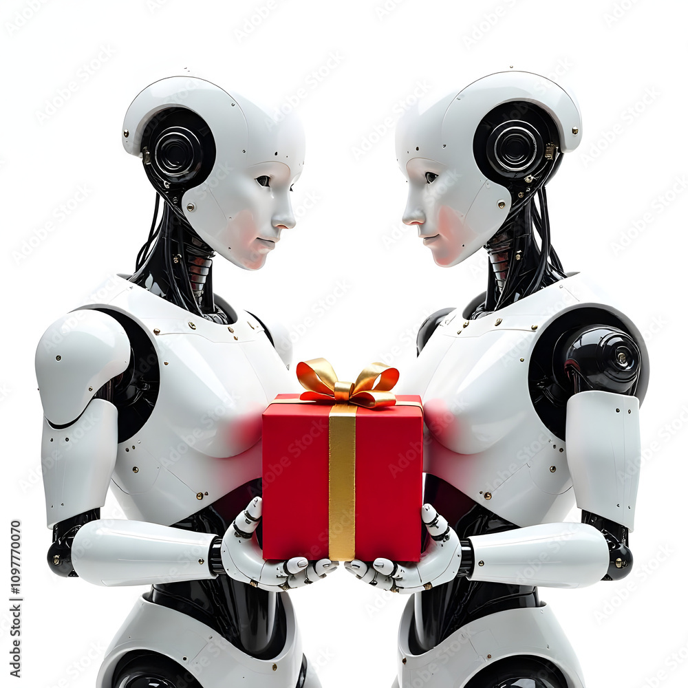Two ai white cyborg robots holding big gift wrapped in a box Stock ...