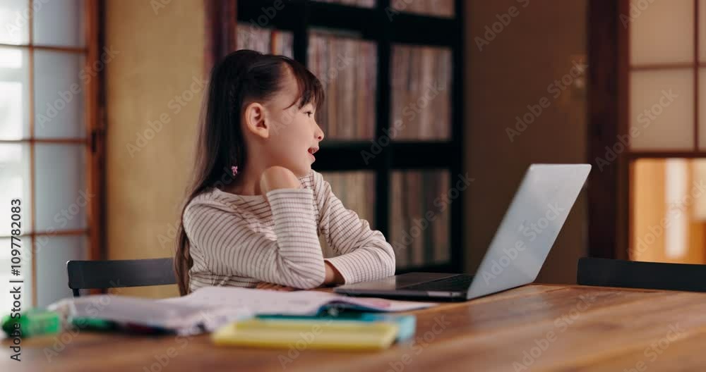 Video call, home or child on laptop for online class, remote education ...