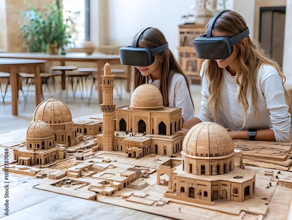 Two women wearing VR headsets explore a detailed wooden model of a ...