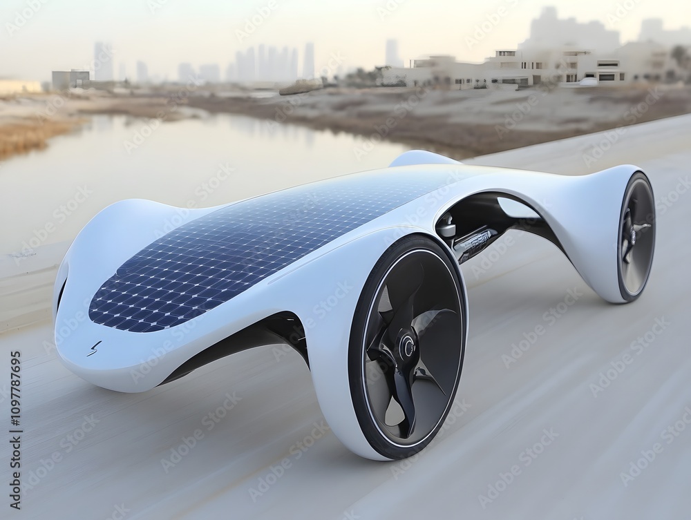 A futuristic solar-powered car with a sleek design, gliding along a ...