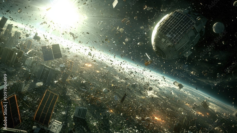Spaceship Navigating Space Debris Field Orbital Junk Satellite Solar ...