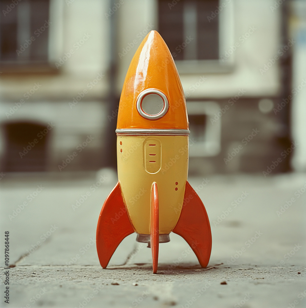 vintage-style toy rocket with bright orange and yellow colors, standing ...