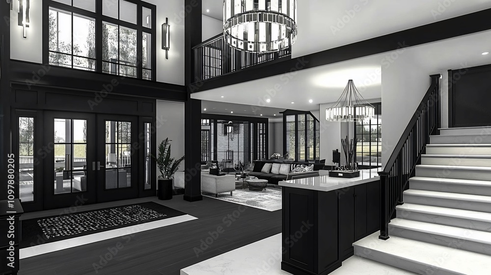 ภาพประกอบสต็อก Modern two-story home interior with black and white ...