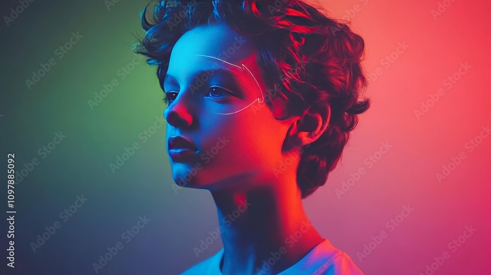 Vibrant portrait of a young boy in glowing red and blue lighting ...