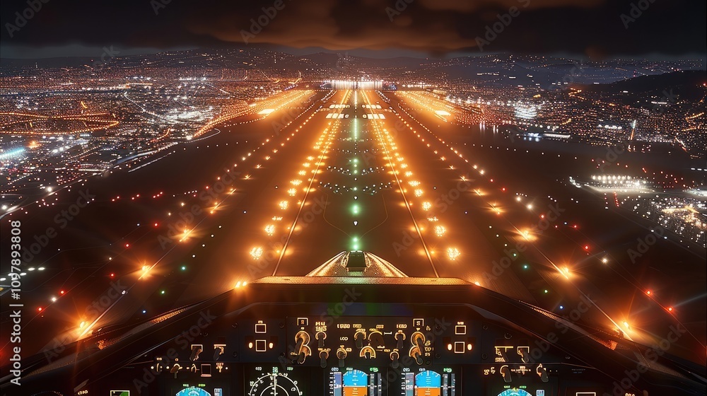 A nighttime landing from the perspective of a cockpit approaching a ...
