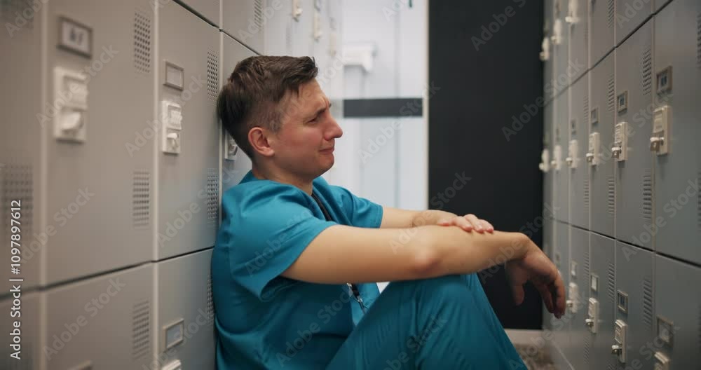 Crying, fear and doctor with man in locker room for depression, mental ...