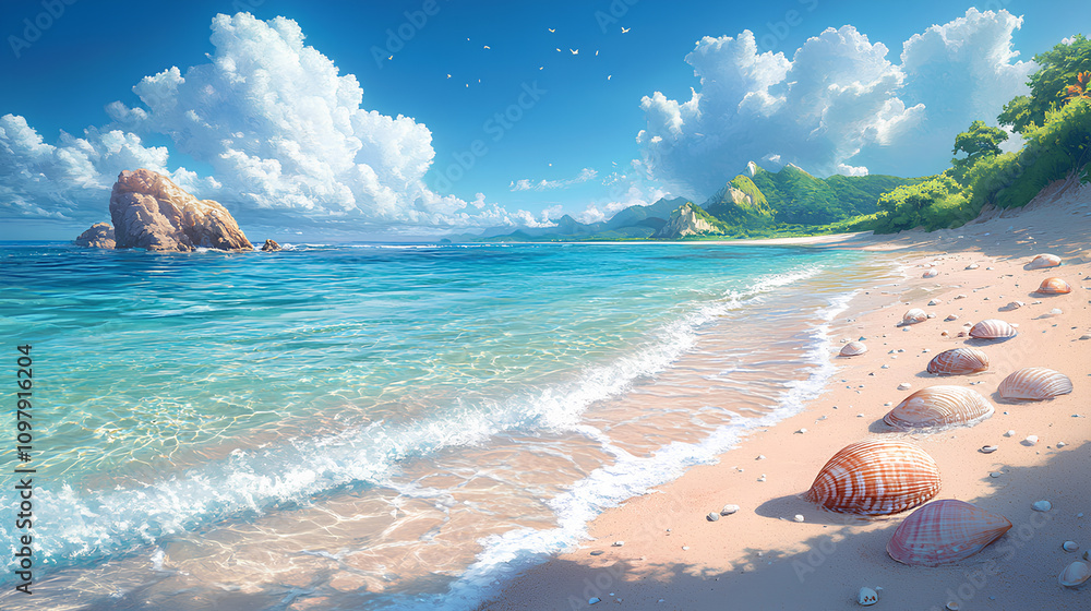 Idyllic beach with crystal-clear waters, shells scattered on the sand ...