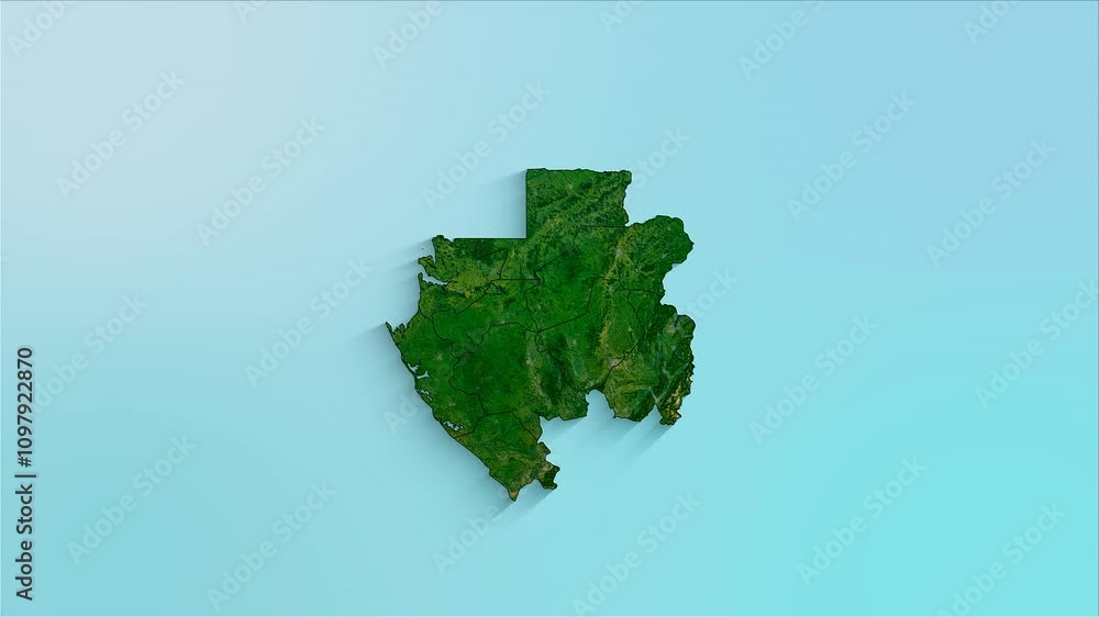 Gabon animated map showing departments forming the country with a physical map background and a ...