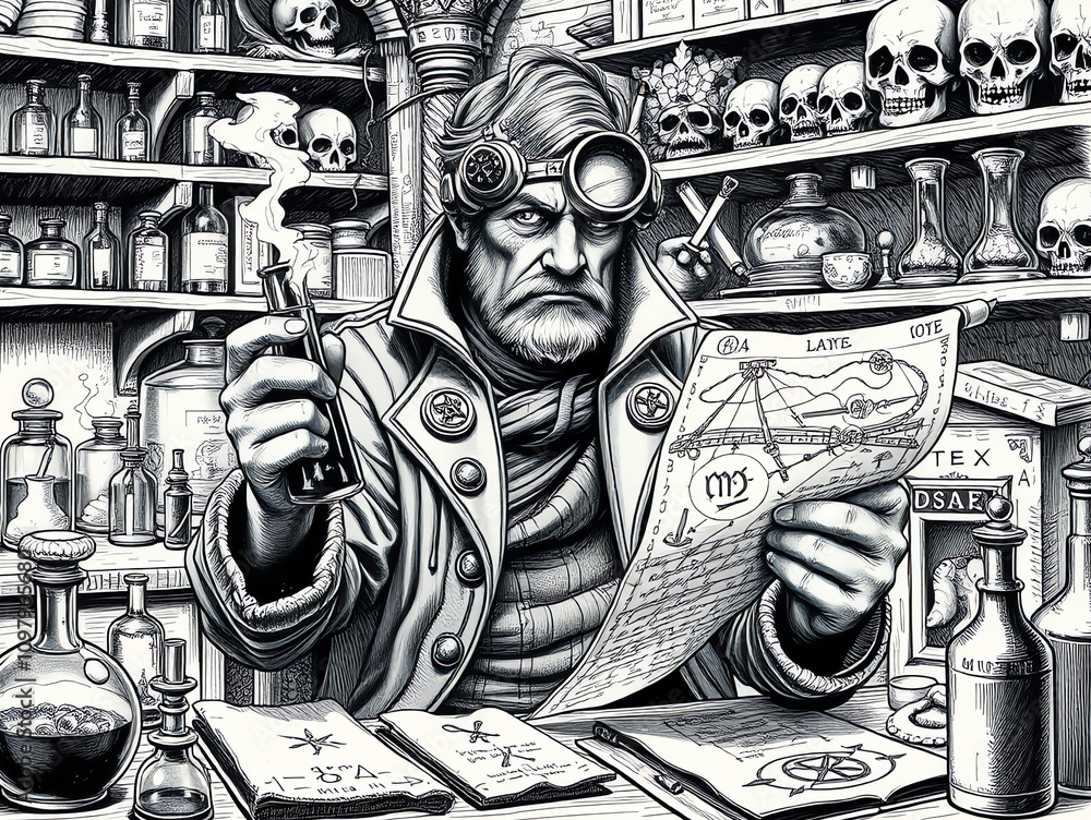 Scientist examines ancient texts and potions in a dark laboratory ...