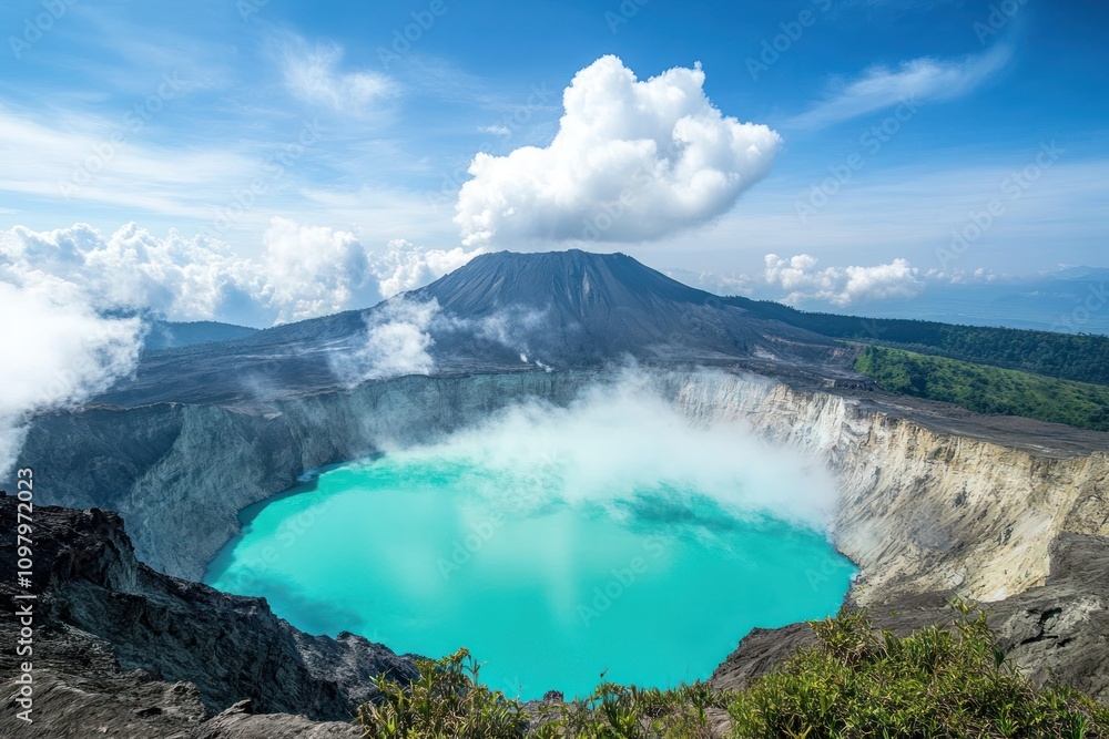 Java volcano with sulfur clouds billowing from its crater, a site of ...