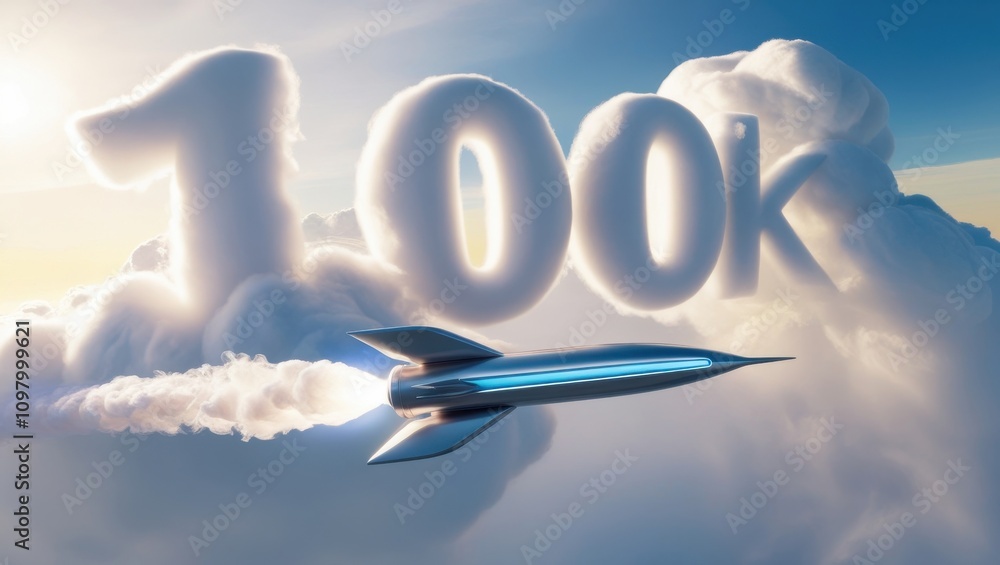 a majestic, towering cloud formation shaped like the numeral "100k" in ...