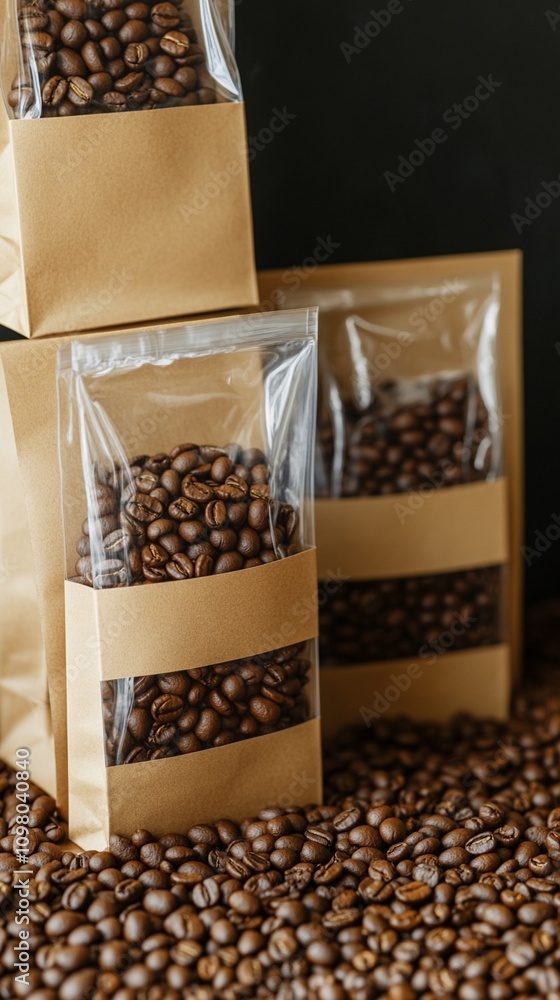 Freshly roasted coffee beans packaged in kraft paper bags with clear ...