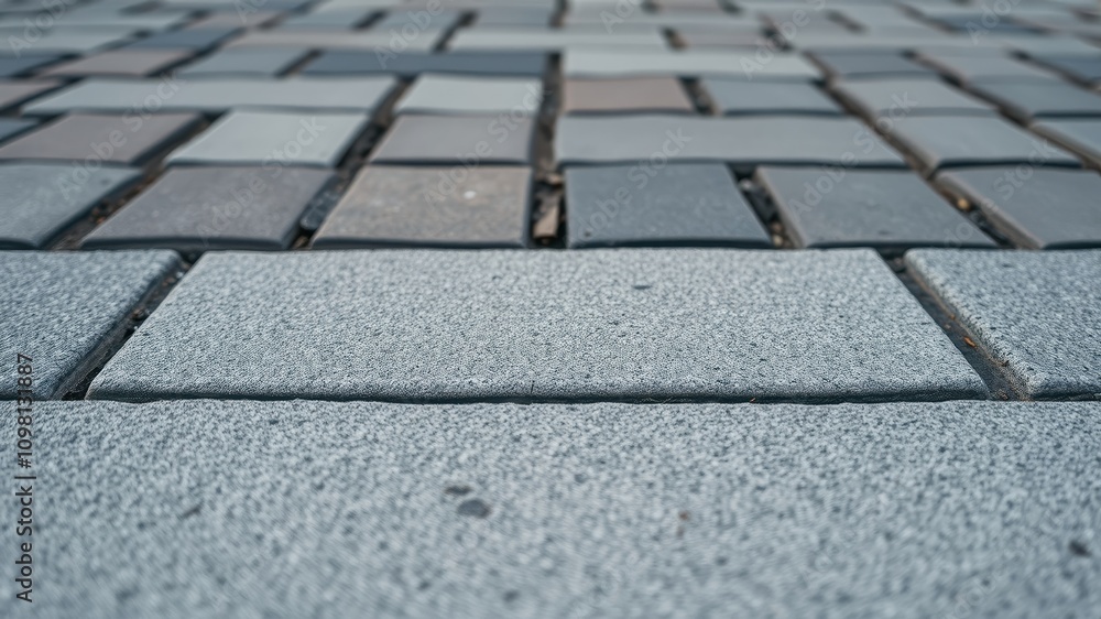 A low angle perspective of a paved pathway with textured concrete tiles ...